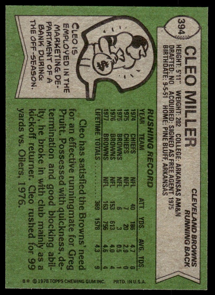 1978 TOPPS CLEO MILLER B CLEVELAND BROWNS #394 | eBay