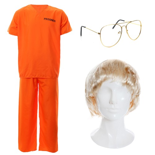ADULTS PRISONER HALLOWEEN FANCY DRESS COSTUME PRISON INMATE SUIT WIG ...