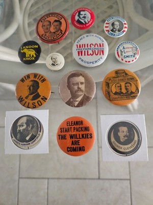 Lot of 12 different reproduction pins of presidential campaign ...