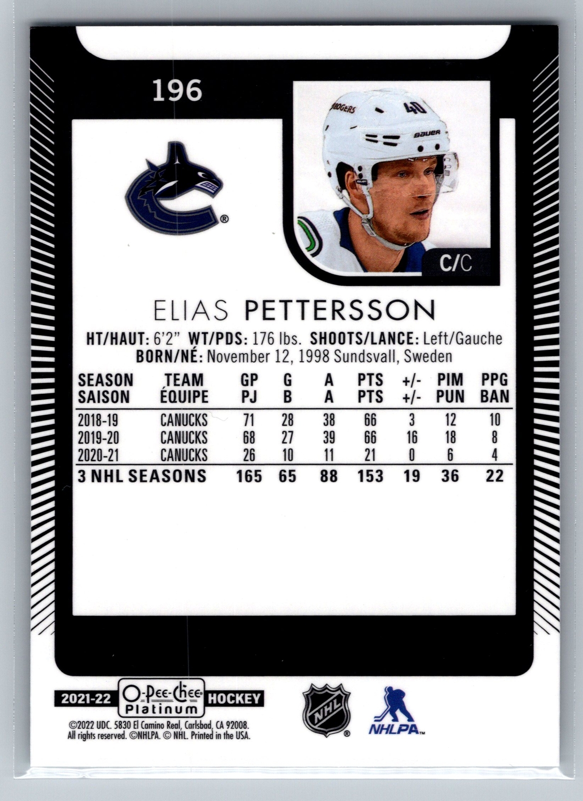 2021-22 O-Pee-Chee Platinum #196 Elias Pettersson Vancouver Canucks | eBay