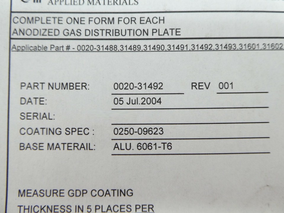 AMAT Applied Materials 0020-31492 101 Hole Gas Distribution Plate New ...