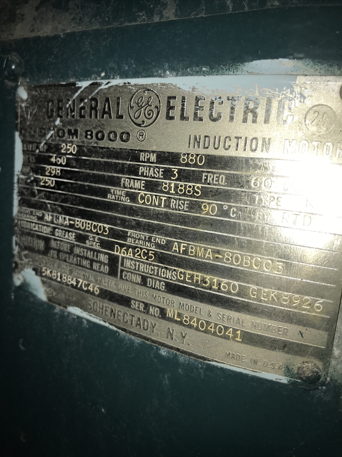 General Electric Custom 8000 250 HP Induction Motor 5K818847C46 880 RPM ...