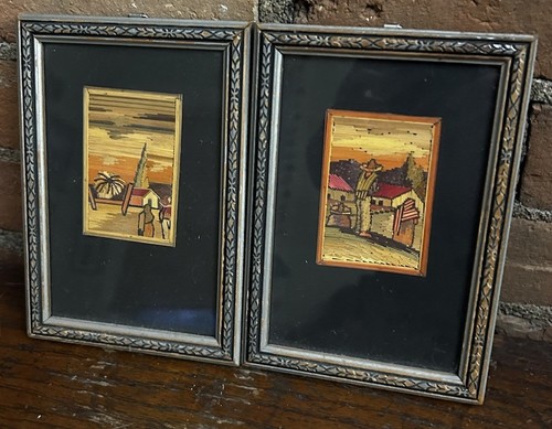 Pair Vintage Folk Art Mexican Popotillo Straw Paintings Small Framed ...