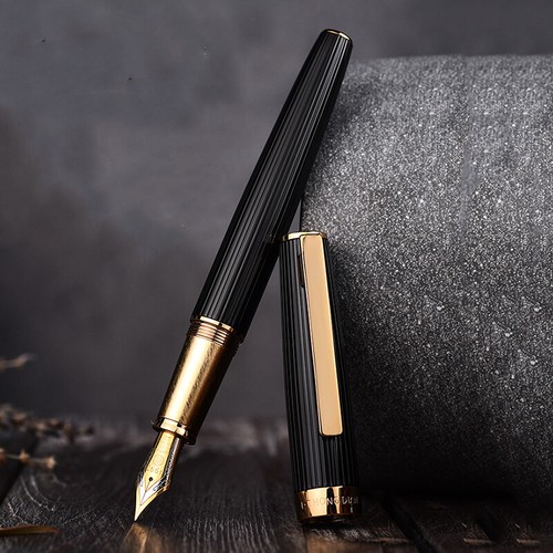 HongDian 1845 Steel Fountain Pen Metal Stripe Silver/Black Iridium EF/F ...