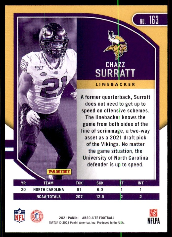 2021 Panini Absolute RC Chazz Surratt Rookie Minnesota Vikings #163 | eBay