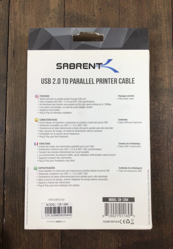 Sabrent USB 2.0 to Parallel IEEE 1284 Printer Cable Adapter (CB-DB25 ...