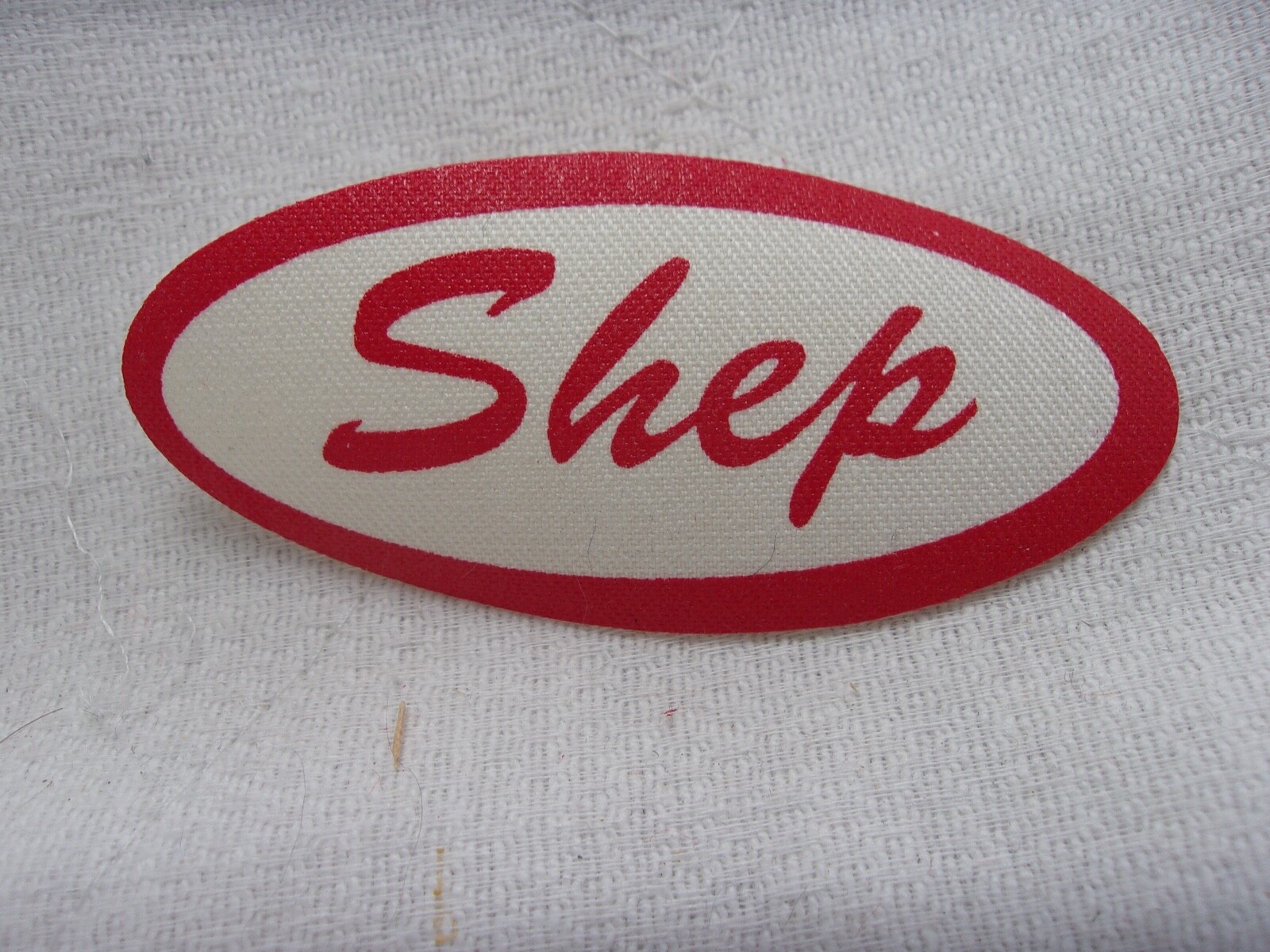 SHEP USED ALL SILK SCREEN SEW ON NAME PATCH TAGS OVAL RED ON WHITE | eBay