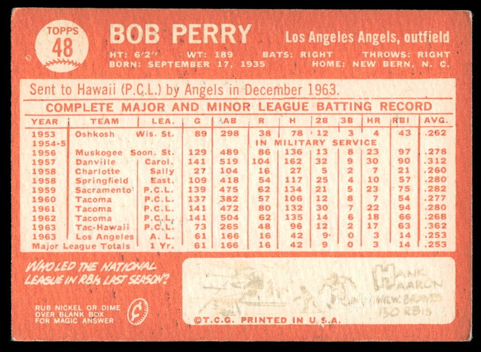 1964 Topps #48 Bob Perry Los Angeles Angels RC Baseball | eBay