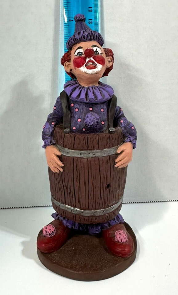 Vintage Hand Painted Resin Circus Clown Figurine Purple Suit and Barrel ...