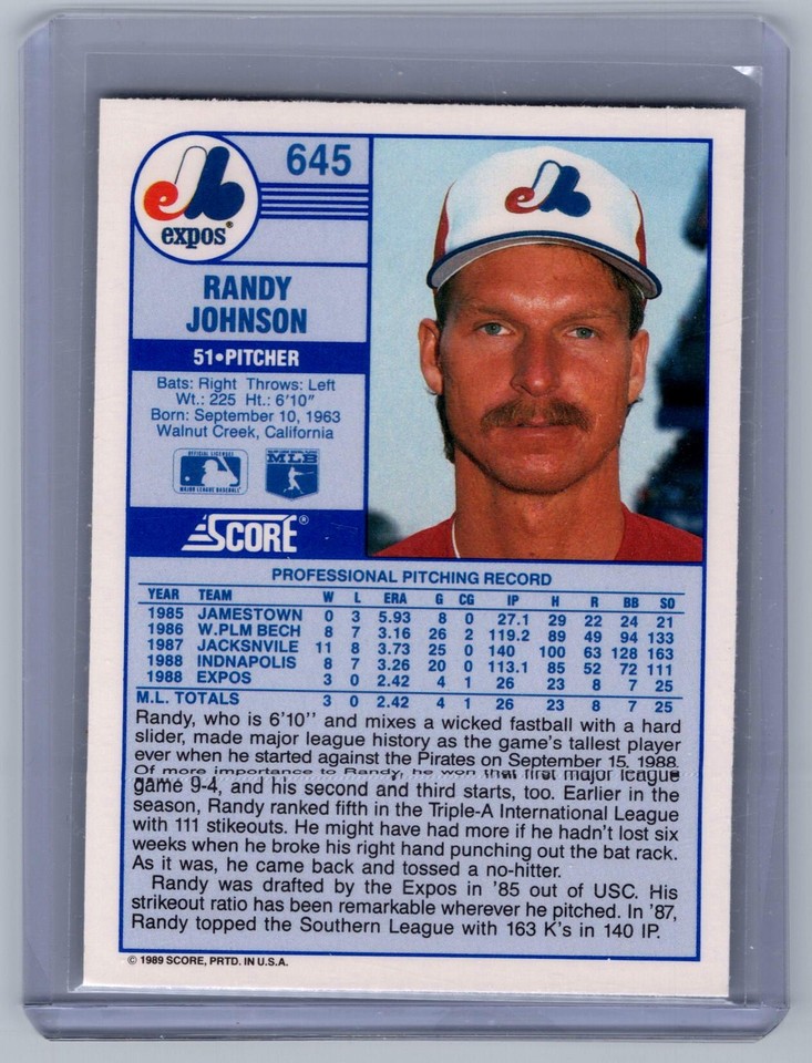 1989 Score #645 Randy Johnson Card RC Rookie Card Montreal Expos | eBay