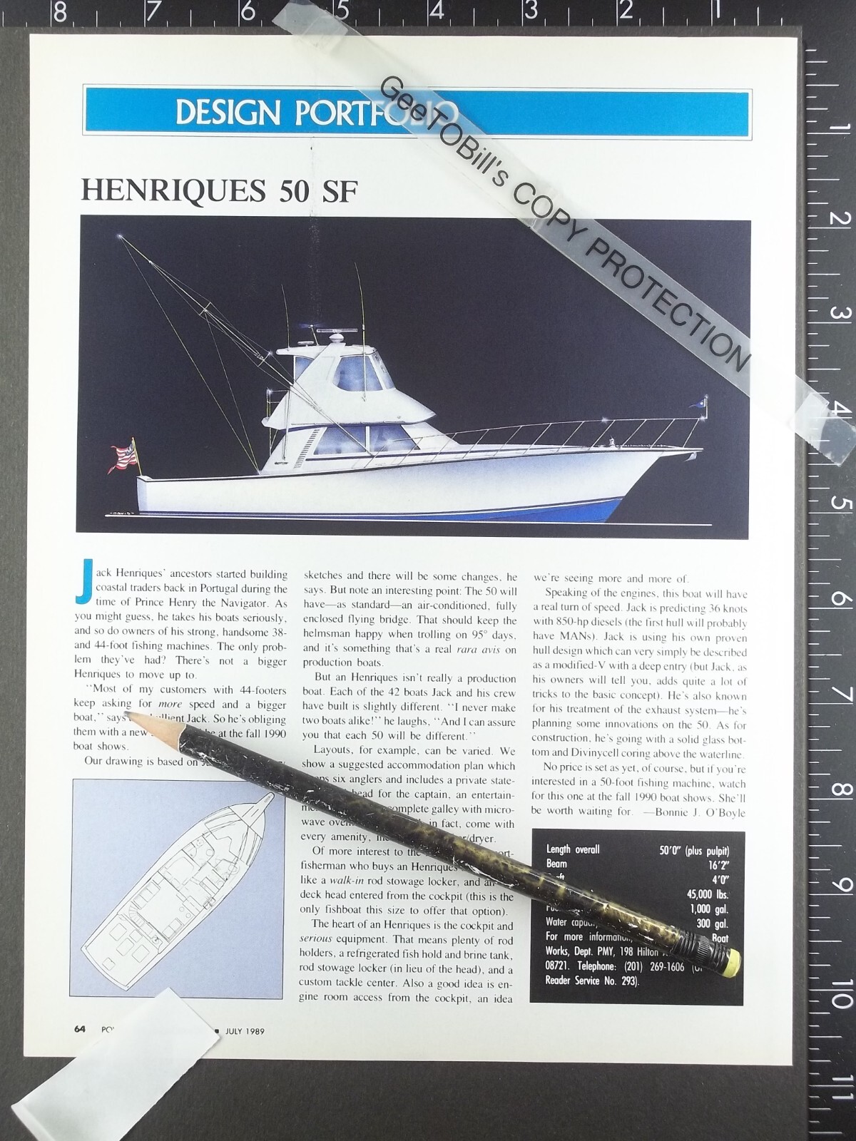 1989 1 page FEATURE on Henriques 50 SF sportfisherman motor yacht boat ...