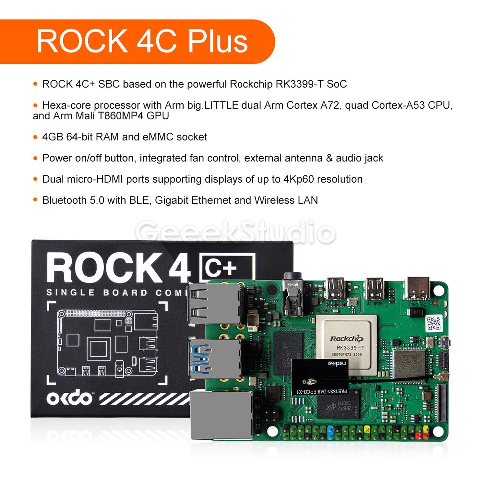 ROCK 4 Model C+ 4GB Single Board Computer Rockchip RK3399-T Arm Cortex ...