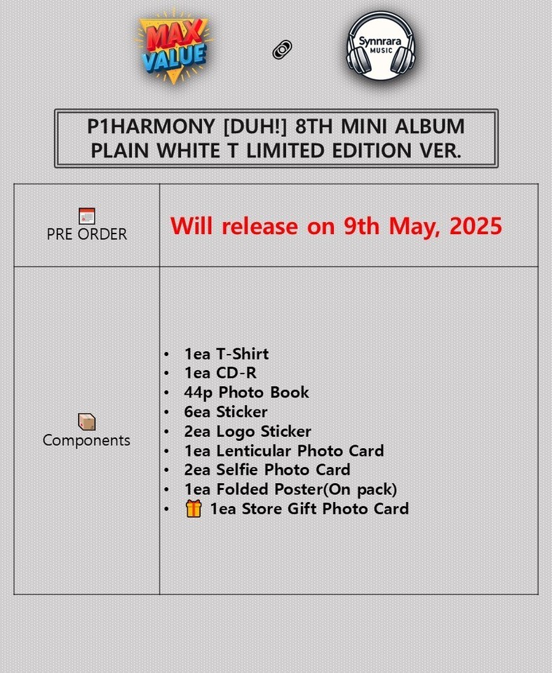 P1HARMONY DUH! 8th Mini Album PLAIN WHITE Ver/T-Shirt+CD+Book+Poster+3 ...