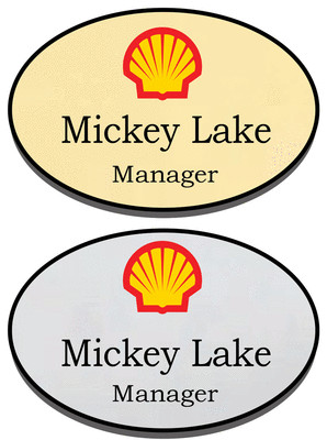 1 GOLD & 1 SILVER OVAL SHELL OIL PERSONALIZED NAME BADGES PIN FASTENER ...