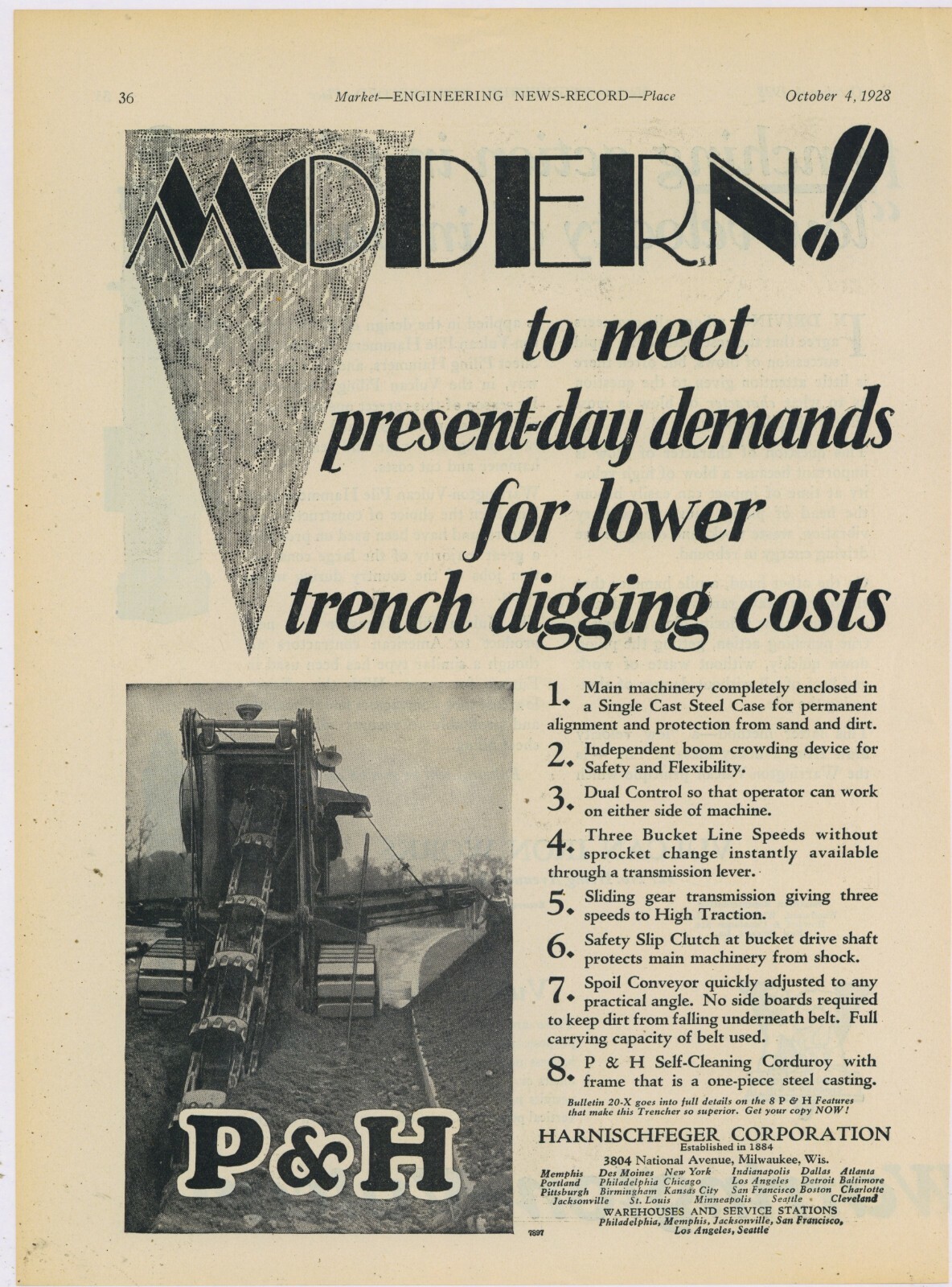 1928 P & H Harnischfeger Excavators Ad: Trencher Pictured - Milwaukee ...