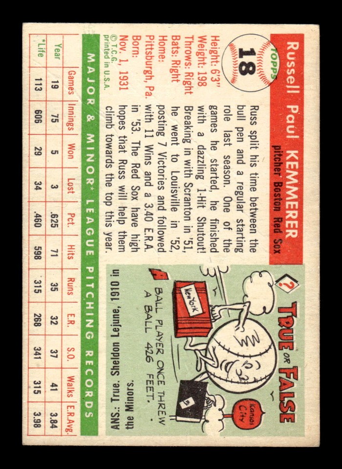 1955 Topps Baseball #18 Russ Kemmerer RC VG CREASES Boston Red Sox | eBay