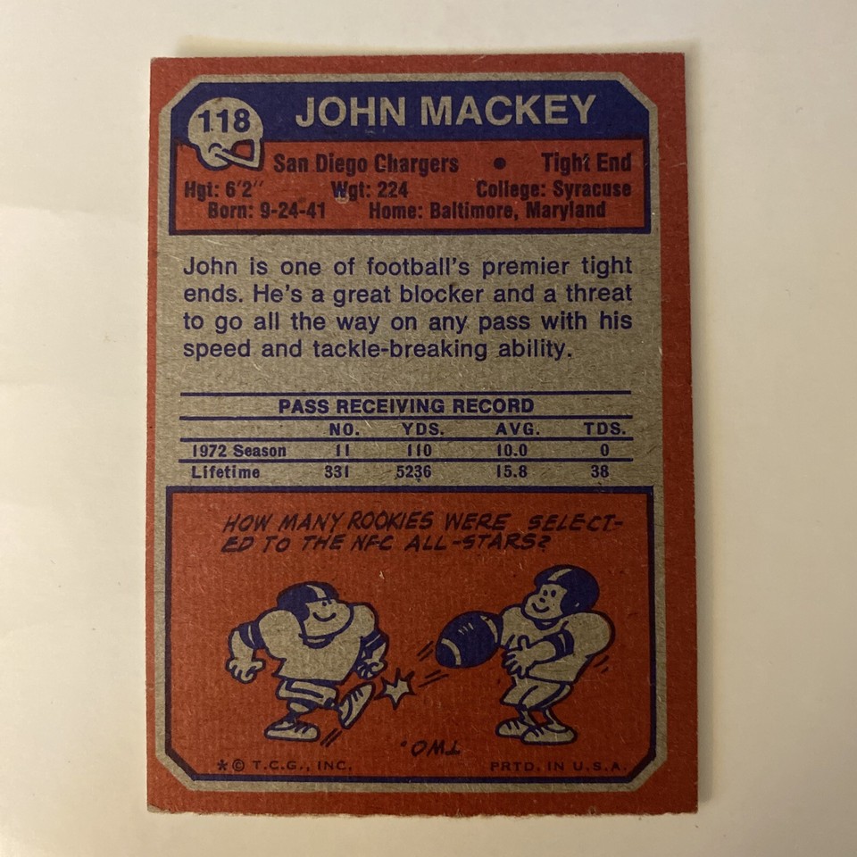 1973 Topps Football John Mackey San Diego Chargers Card #118 | eBay
