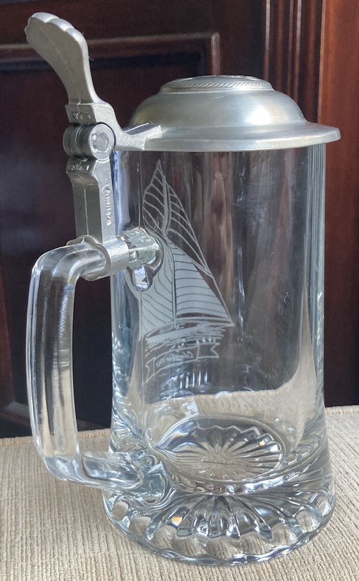 ALWE Glass Beer Stein Pewter Lid Ship Columbia 1901 Old Spice Vintage ...