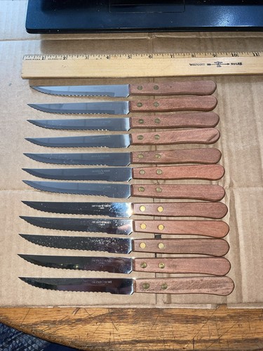 12 Vintage Brand Ware Stainless Steel Steak Knives with Wooden Handles ...