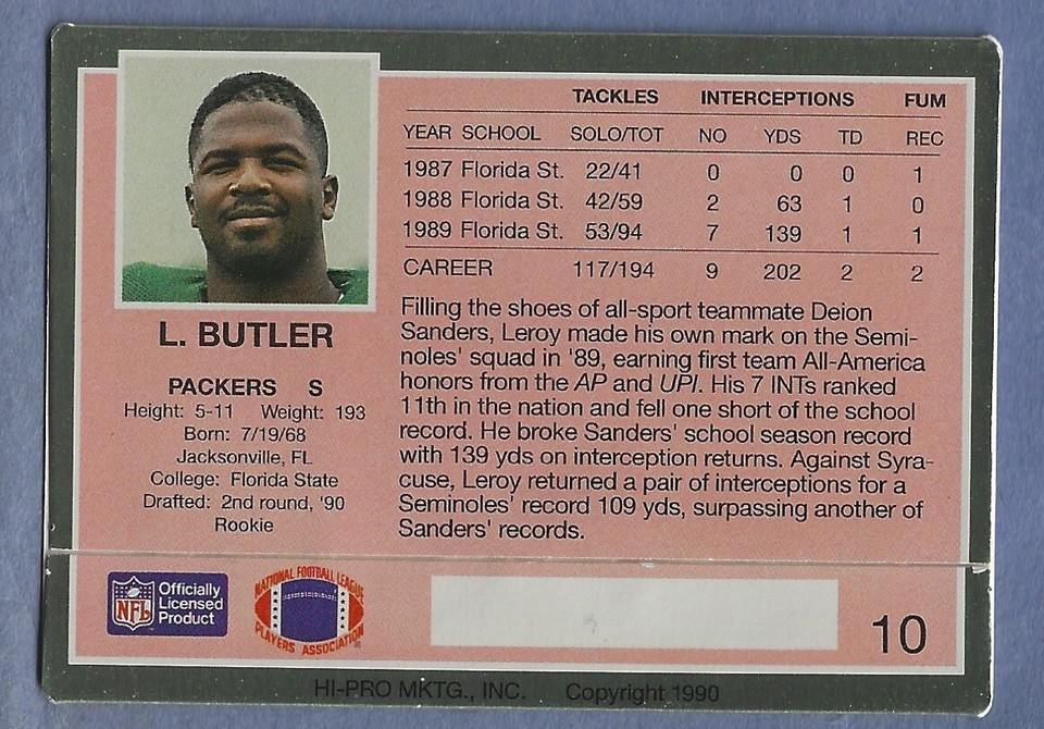 1990 Action Packed Rookie Update Football #10 Leroy Butler Rookie ...
