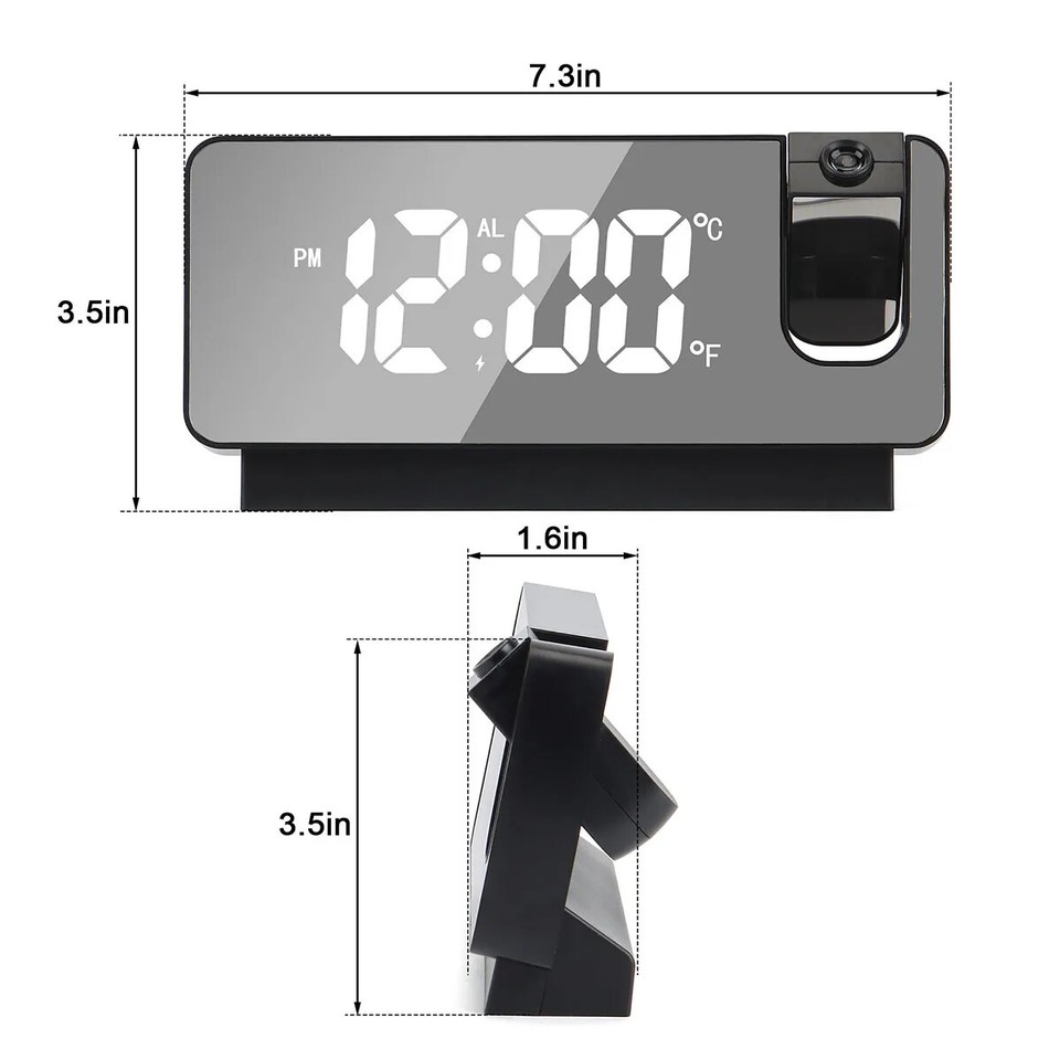 7.3" LED Digital Projector Projection Snooze Dual Alarm Clock Mirror ...