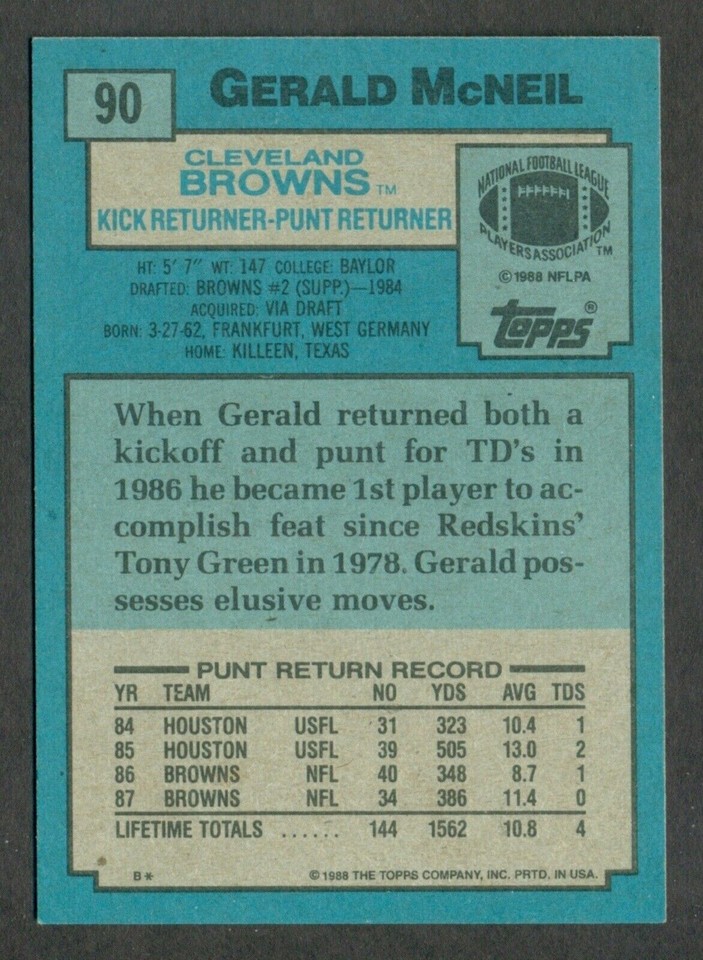 1988 TOPPS NFL Football Trading Card #90 🏈 GERALD McNEIL, Cleveland ...