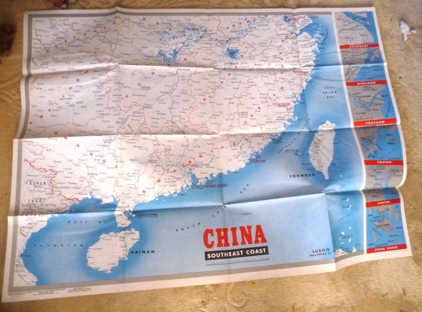 HUGE MAP US ARMY NAVY CHINA HONG KONG CANTON SWATOW SHANGHAI FORMOSA ...