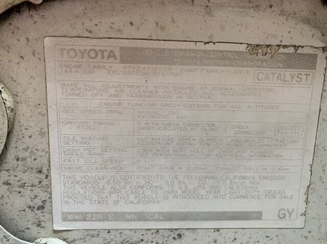 1989 Toyota Pickup Truck/4runner Emissions Decal Repro Sticker CAL 22RE ...