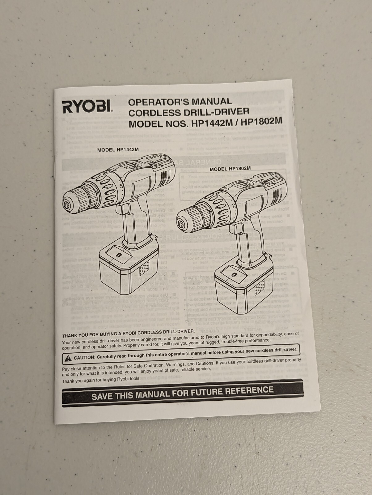 Ryobi Operators Manual 18 Volt Cordless Drill-Driver Model No. HP1442M ...