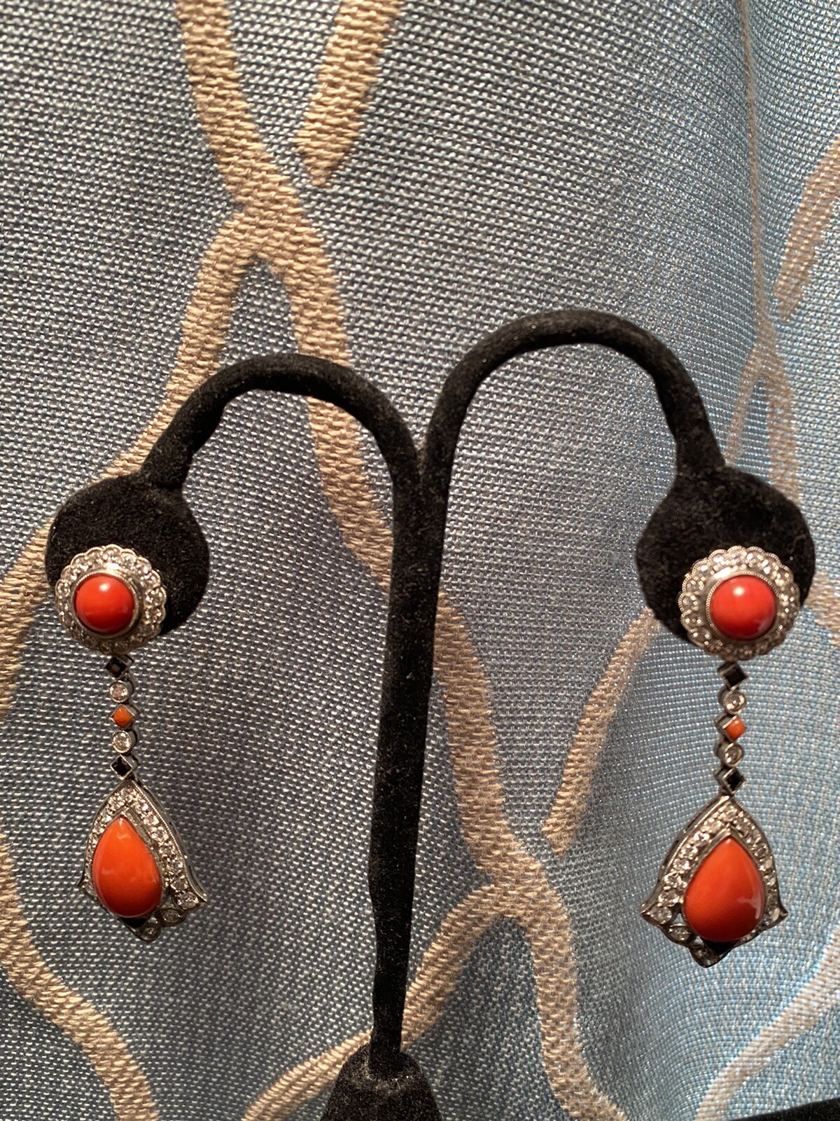 Antique Platinum Oxblood Red Coral Diamond Onyx Dangle One Of A Kind ...