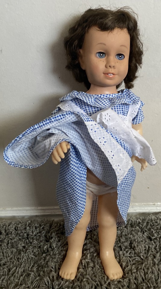 Vintage 1960 Mattel Chatty Cathy Doll with Blue White Dress Brown Curly ...