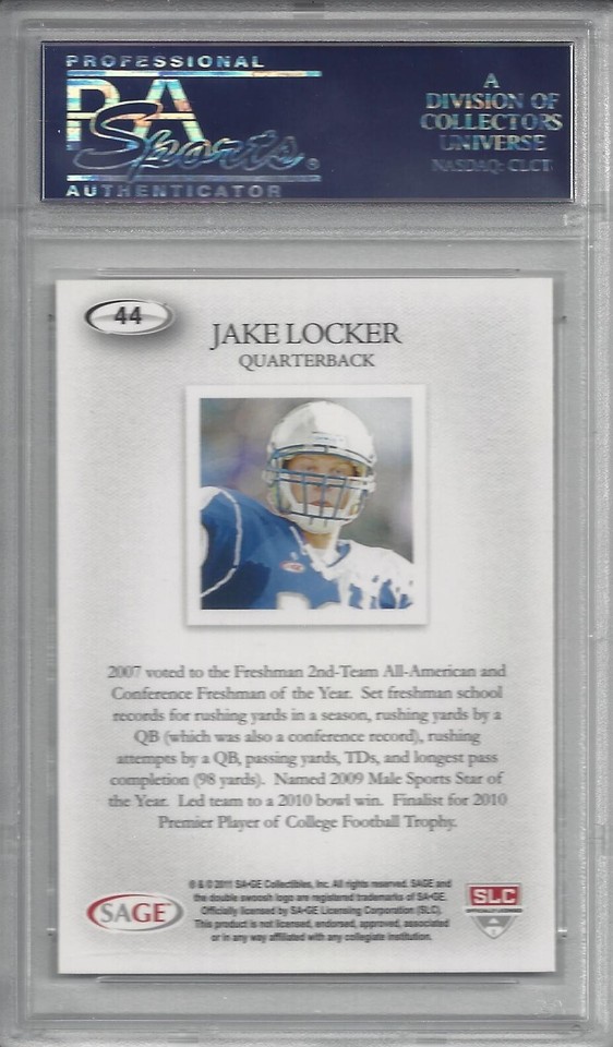 2011 SAGE Hit (Silver) - Jake Locker #44 PSA 9 MINT | eBay