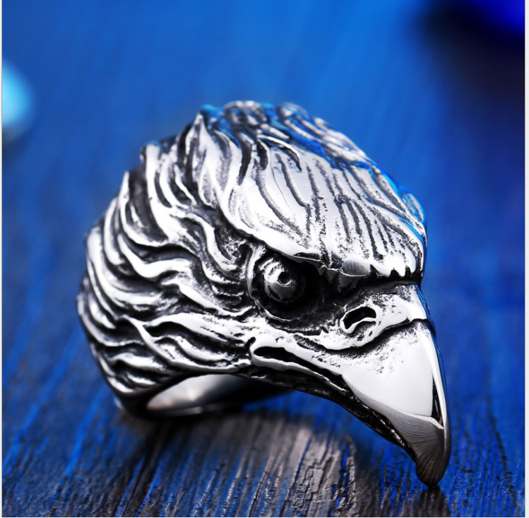 2024 AU Mens Biker Titanium Steel Eagle Ring Silver Hawk Head Freedom ...