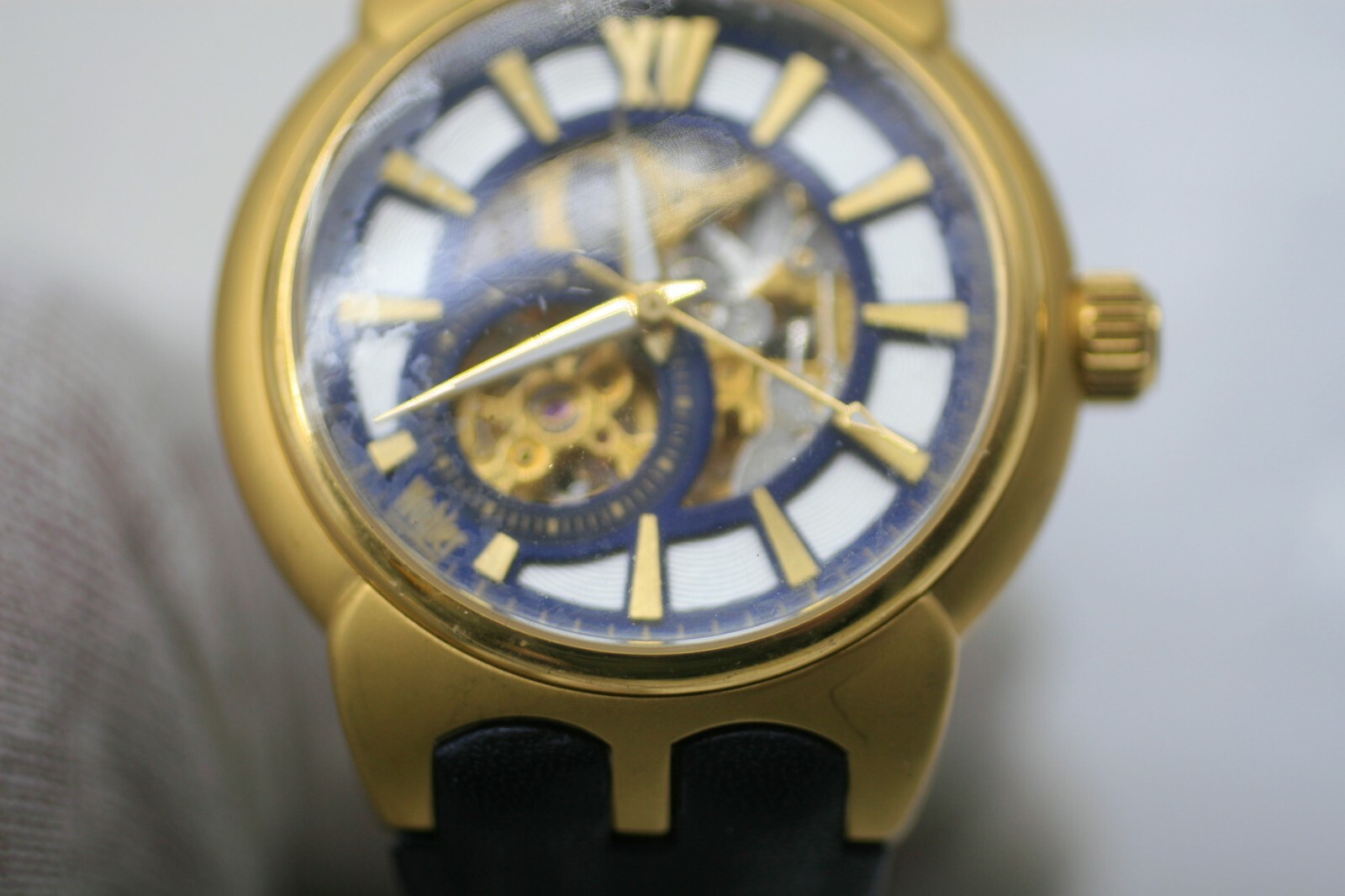 Men's Wohler Automatic Gold Skeleton Dial Blue Genuine Leather Watch W ...