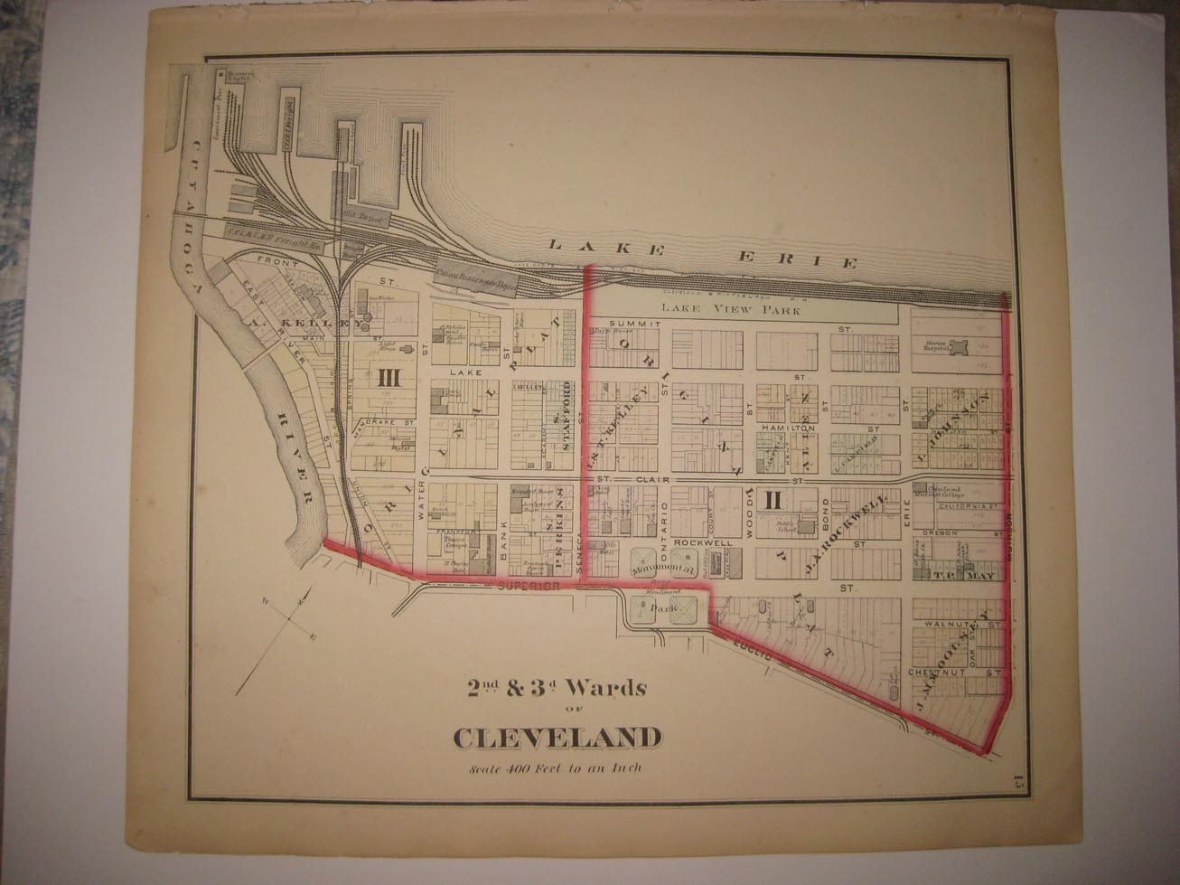 VINTAGE ANTIQUE 1874 2nd 3rd WARD CLEVELAND OHIO HANDCOLORED MAP ...