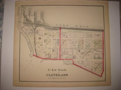 VINTAGE ANTIQUE 1874 2nd 3rd WARD CLEVELAND OHIO HANDCOLORED MAP ...