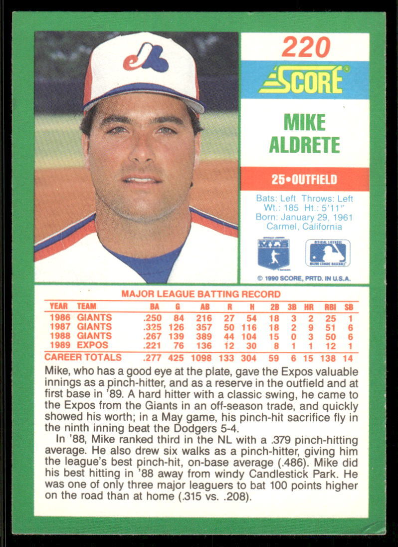 1990 Score #220b Mike Aldrete | eBay