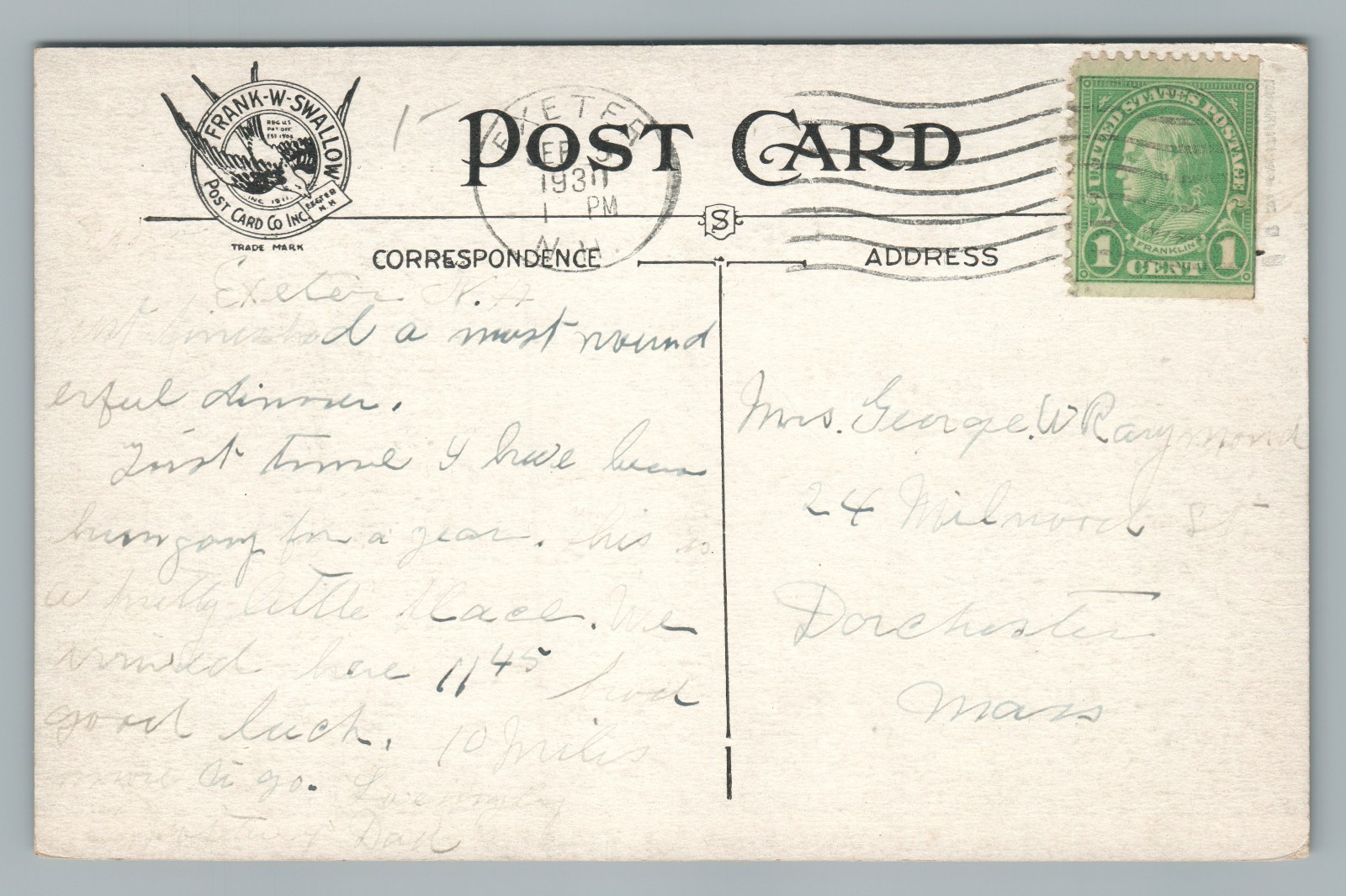 Dunbar Hall—Phillips Exeter Academy—Antique Postcard—Frank Swallow 1930 ...