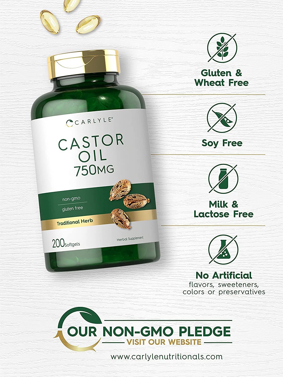 Castor Oil 750mg | 200 Softgel Pills | Non-GMO, Gluten Free | by ...