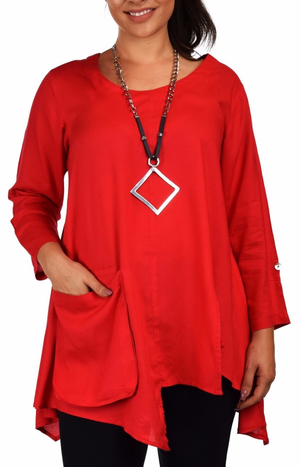 Women Plus Size Swing Tunic Blouse Top with Roll up Sleeves,Red, up to ...