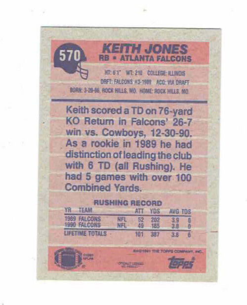 Keith Jones Atlanta Falcons RB #570 Topps 1991 Football Card | eBay