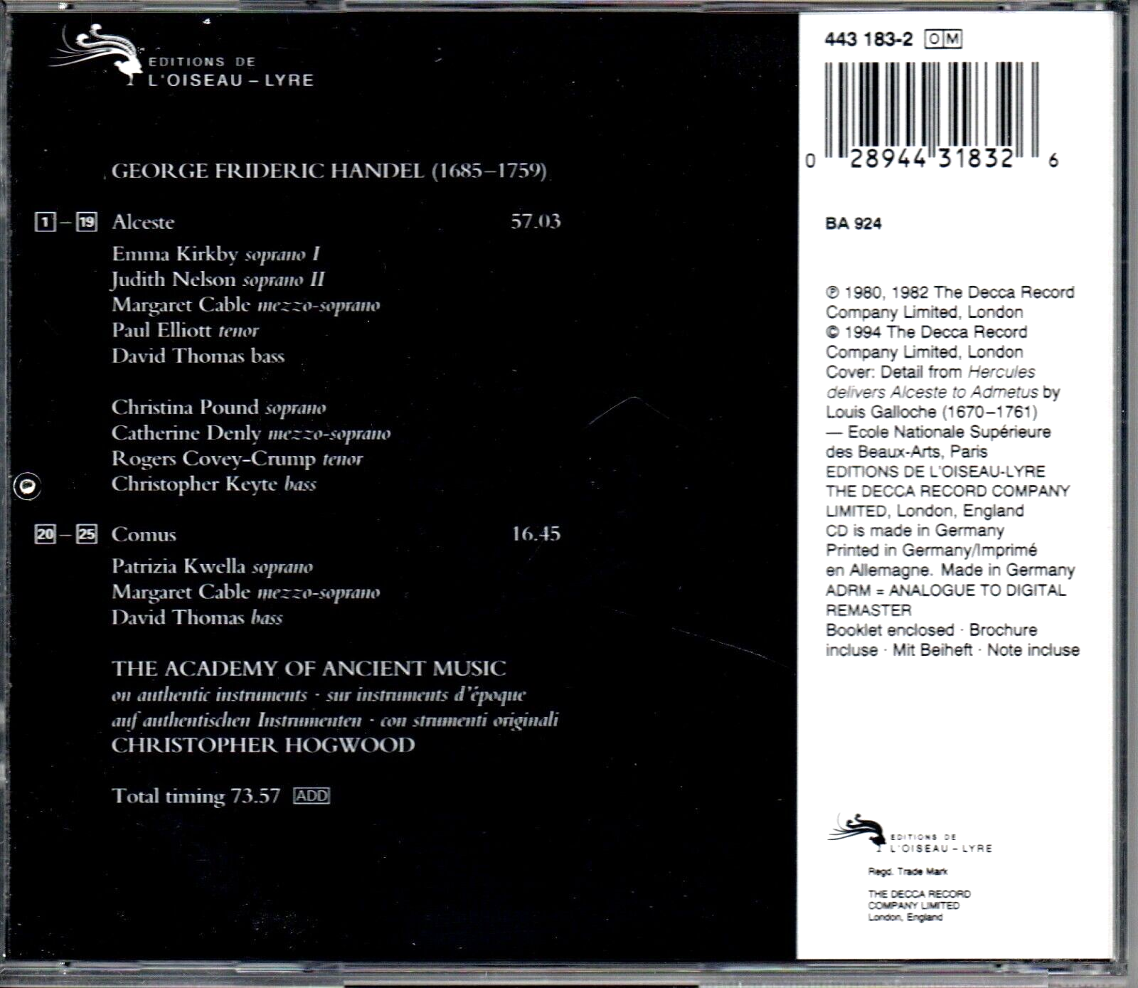 Handel ALCESTE/COMUS The Academy of Ancient Music Hogwood (C3258) | eBay.de