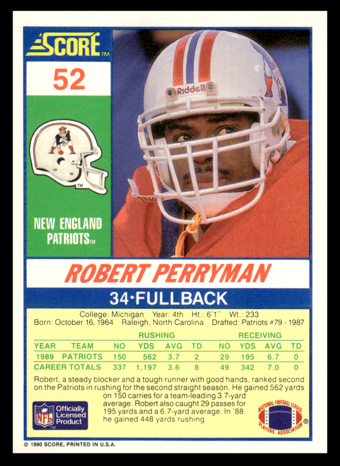 1990 Score Robert Perryman #52 New England Patriots NFL Football | eBay