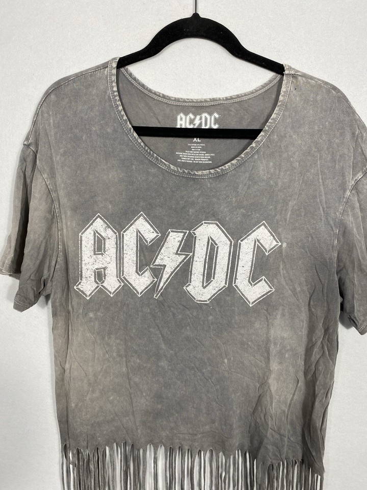 AC/DC Gray Stone Wash Long Fringe Band Rocker Top Size XL Boho Festival ...
