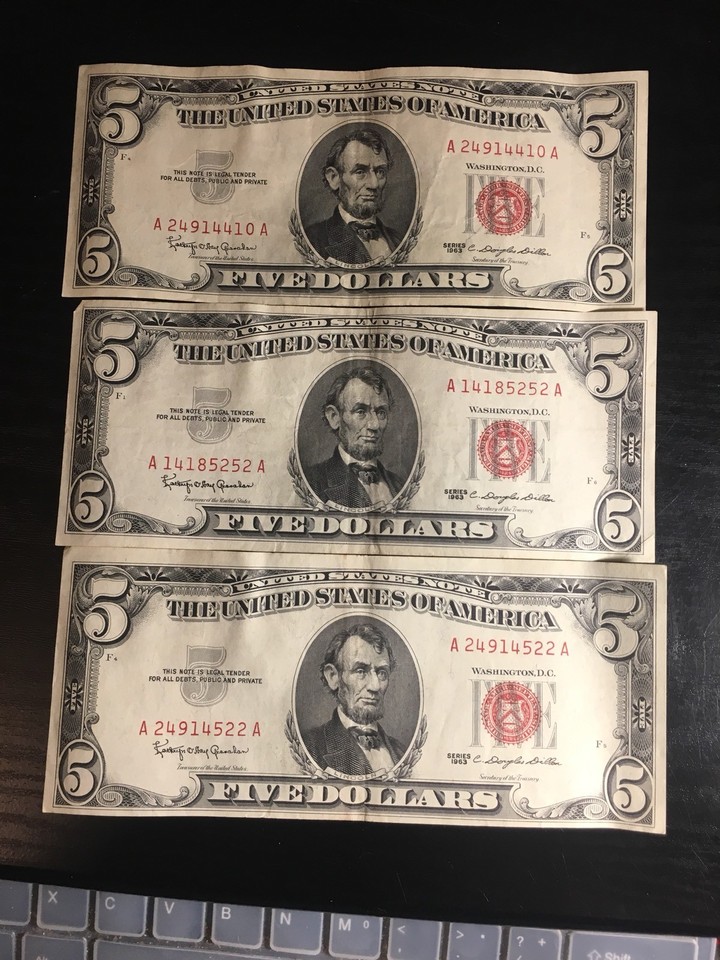 Lot of 10 Random RARE 1953-1963 Red Seal $5 Legal Tender Notes Dollar ...
