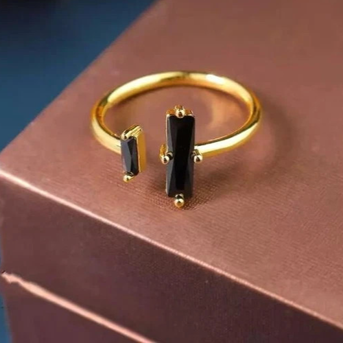 Two Stone Open Band Ring Simulated Baguette Black Diamond 14K Yellow ...