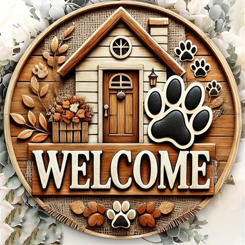 Wooden disc 2D flat pendant, house dog paw pattern, welcome sign wall ...