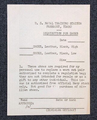 U.S. Naval Training Station Farragut Idaho WW2 Requisition for Shoes ...