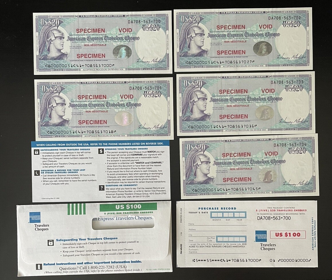 5 American Express $20 SPECIMEN Travellers cheque Training Checks Non ...