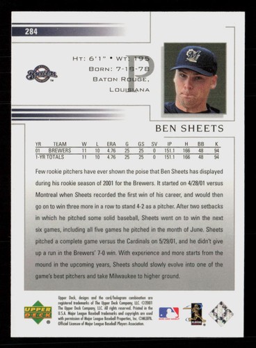Ben Sheets 2002 Upper Deck #284 Milwaukee Brewers Baseball Card | eBay